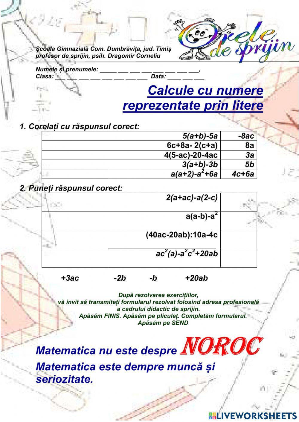 Calcule cu numere reprezentate prin litere 2 worksheet | Live Worksheets