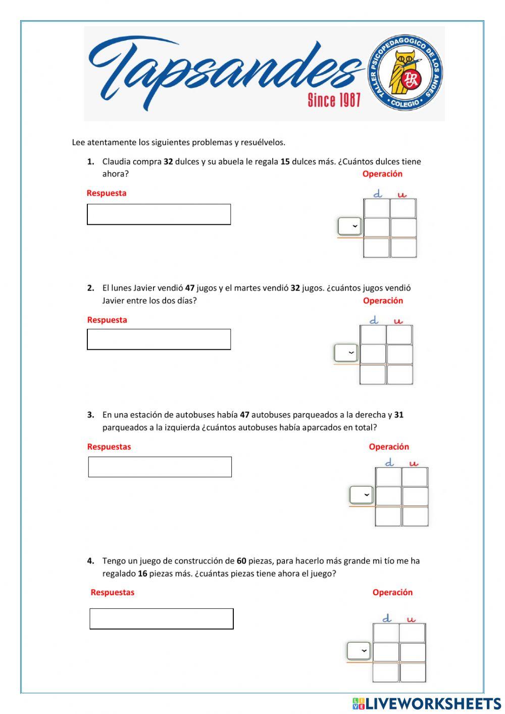 Problemas matem… | Free Interactive Worksheets | 4874850