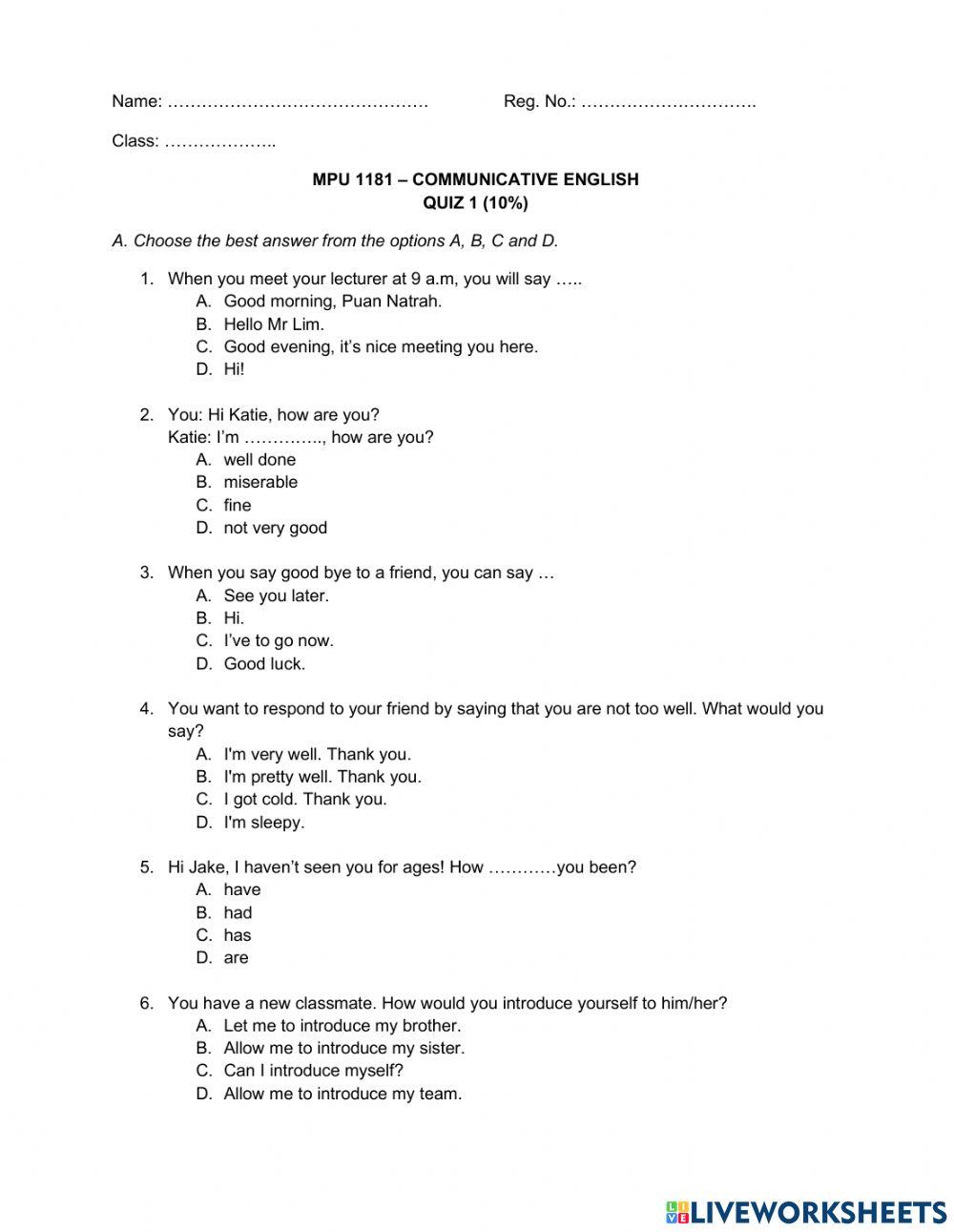 QUIZ 1 COMMUNICATIVE ENGLISH worksheet | Live Worksheets