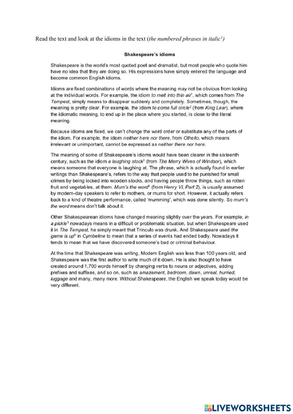 Shakespeare idi… | Free Interactive Worksheets | 6481410