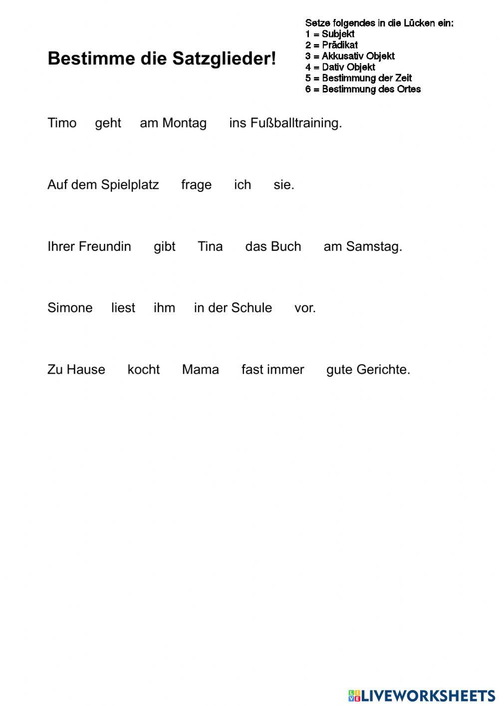 Satzglieder online exercise for | Live Worksheets Satzglieder online exercise for | Live Worksheets