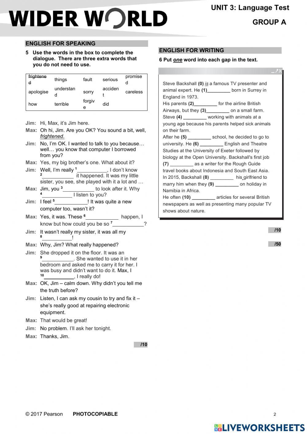 Wider World 2 Unit 3 Language Test online exercise for | Live Worksheets