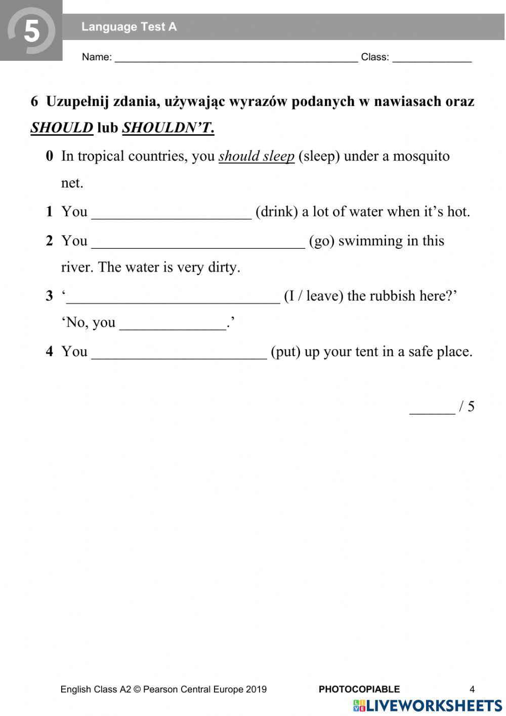 English Class A2 unit 5 test A online exercise for | Live Worksheets