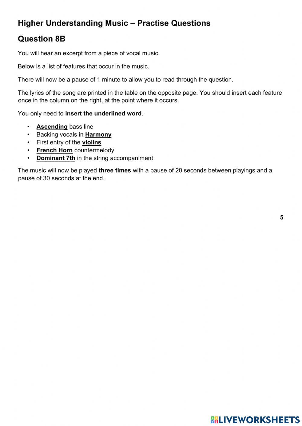 Higher Music UM Practise Question 8B worksheet | Live Worksheets