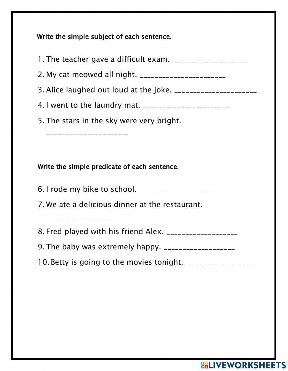 Complete And Simple Subject Worksheets Simple Subject And Predicate