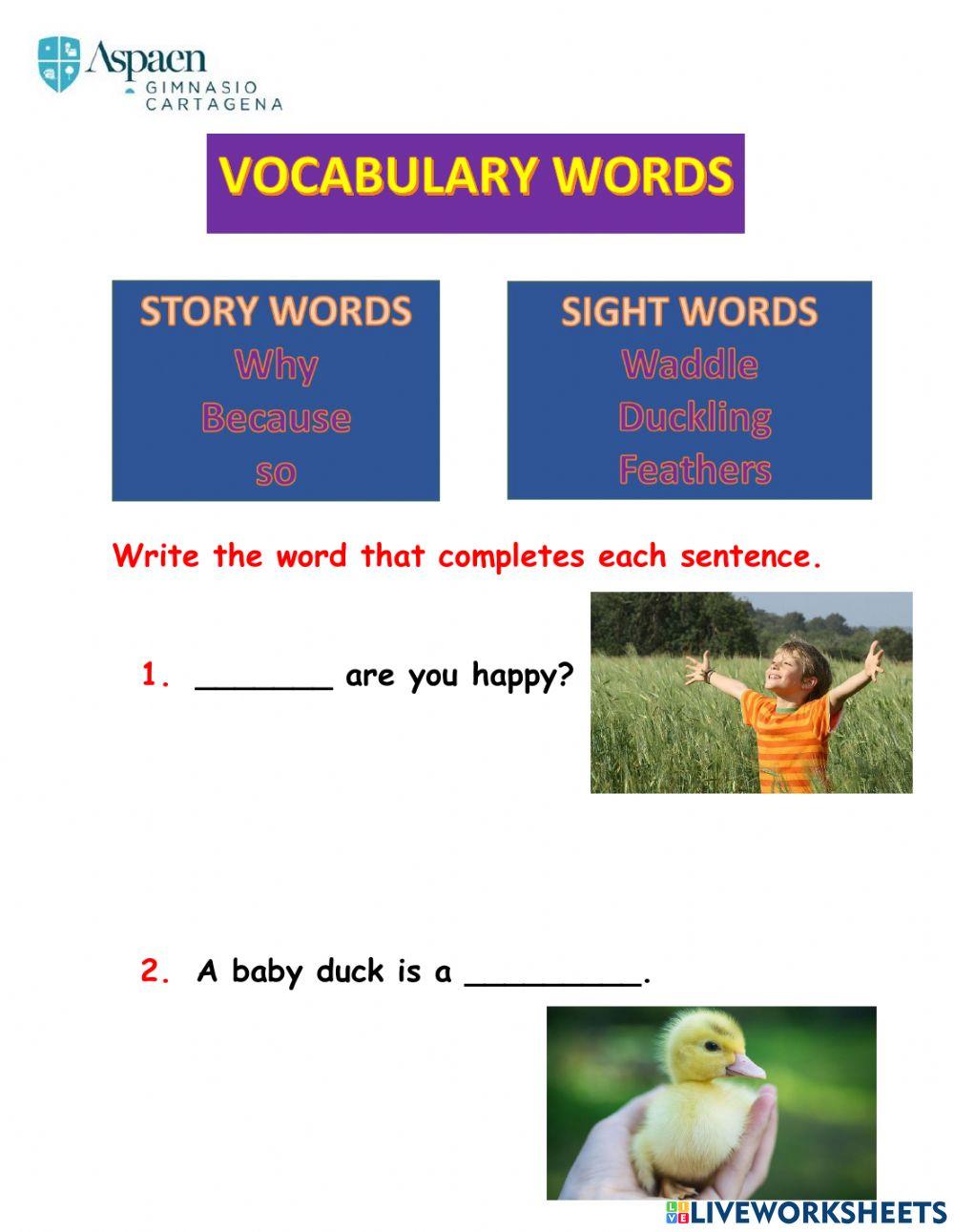 Vocabulary words interactive exercise for 1 | Live Worksheets
