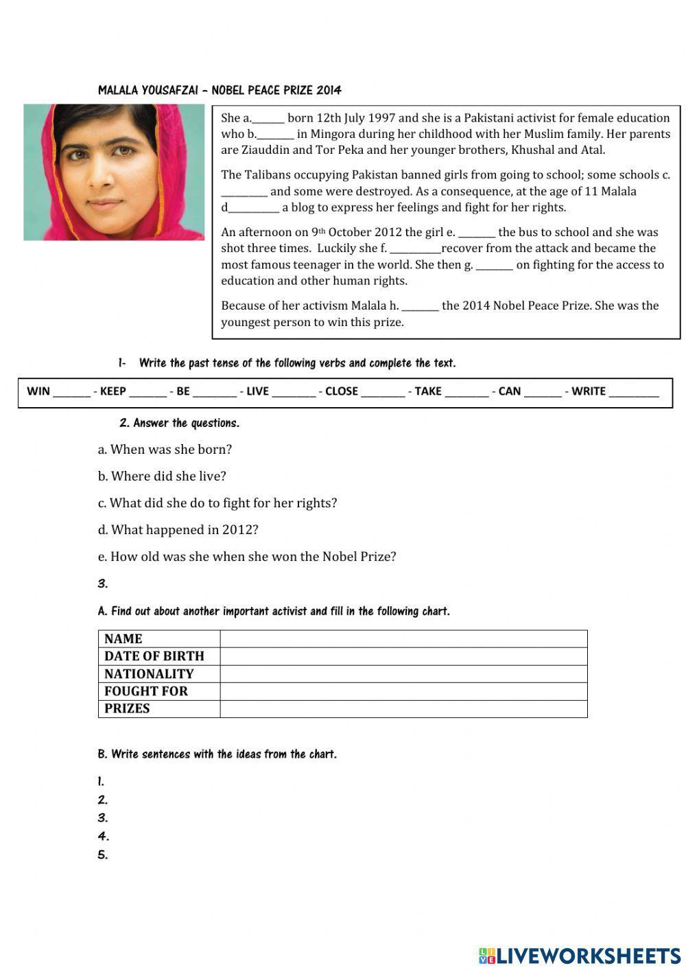 Malala | Free Interactive Worksheets | 818083