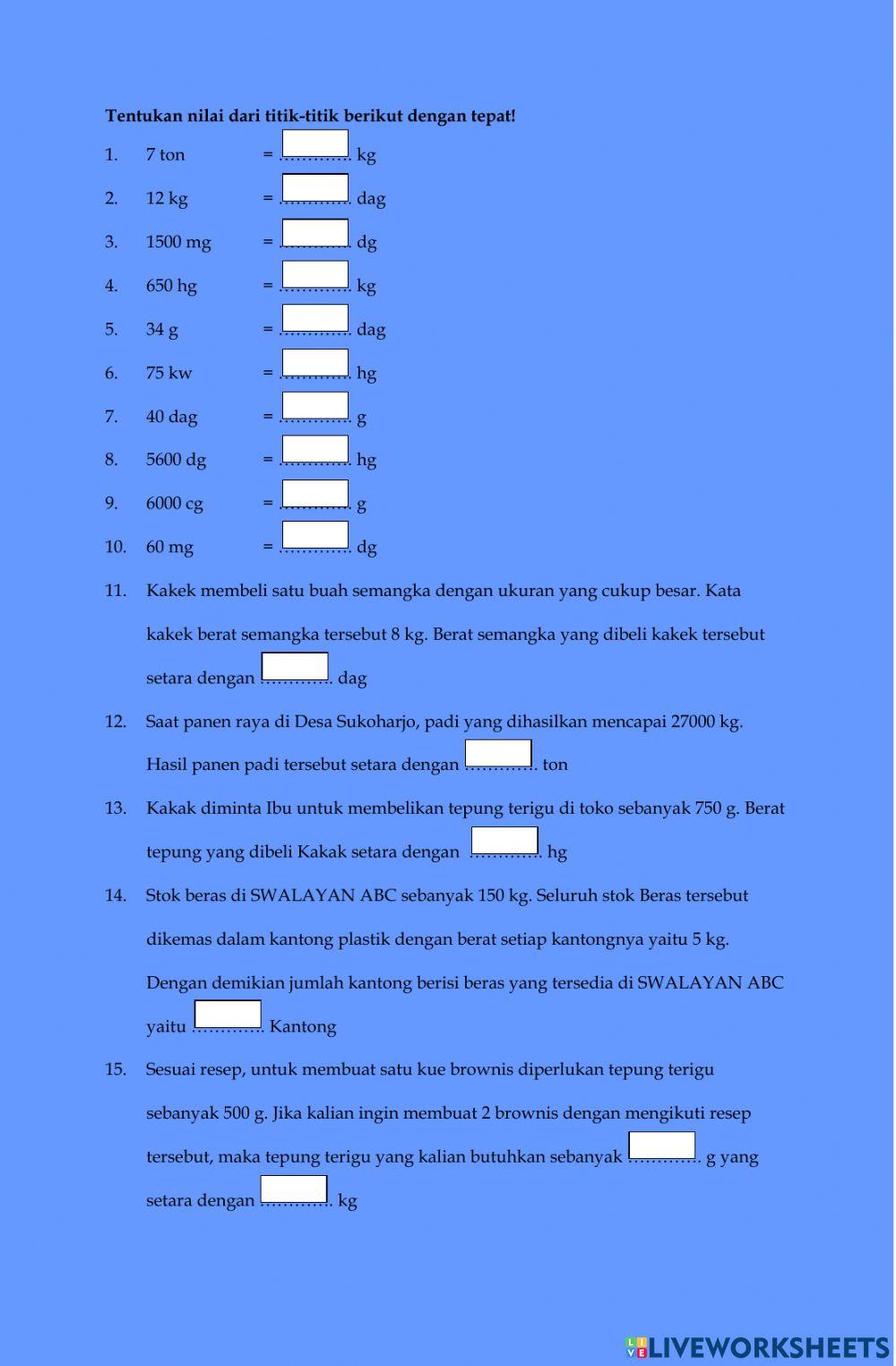 Konversi satuan berat worksheet | Live Worksheets