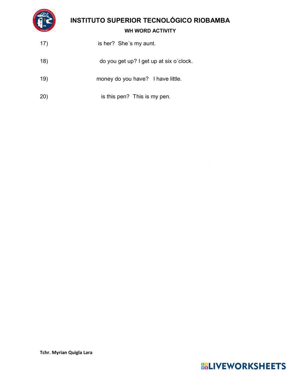 Wh words | Free Interactive Worksheets | 818850