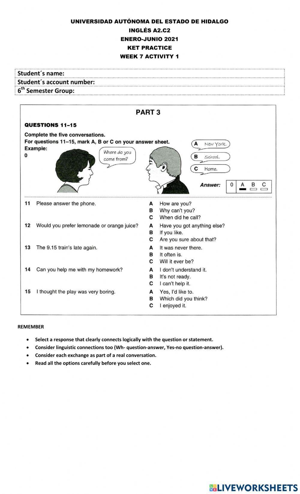 Ket Practice Part 3 worksheet | Live Worksheets