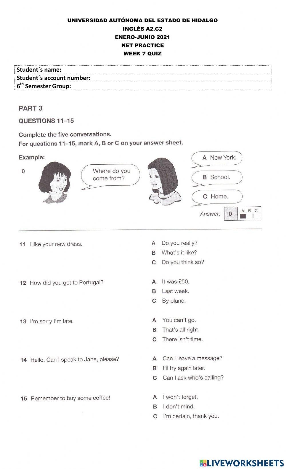 Ket Practice online worksheet | Live Worksheets