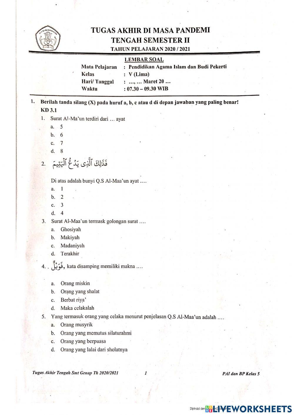 Uts pai 5 worksheet | Live Worksheets
