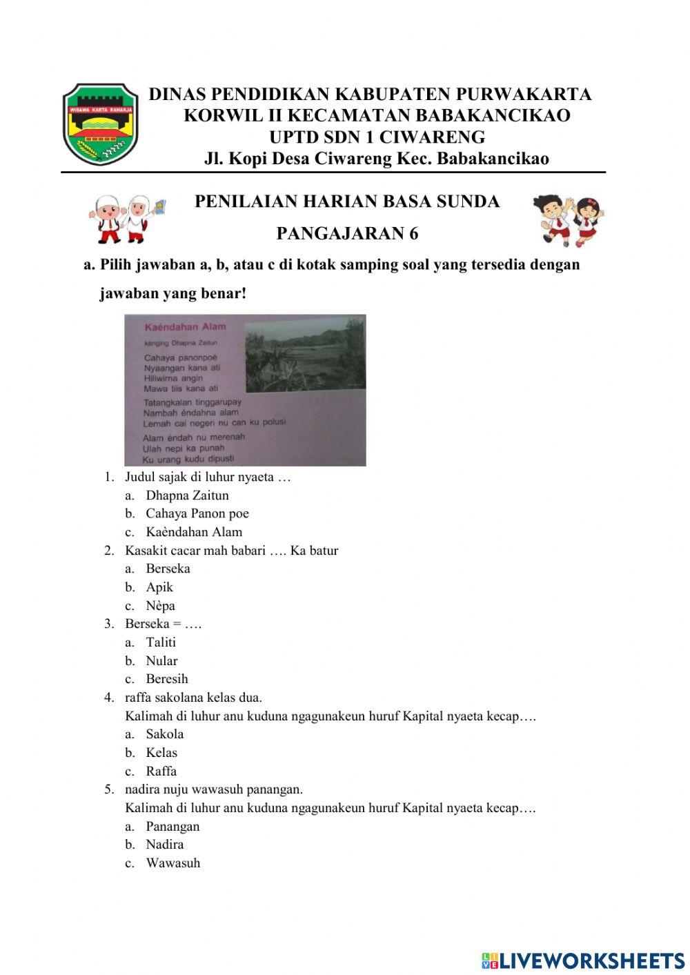 Penilaian harian basa sunda pangajaran 6 worksheet | Live Worksheets