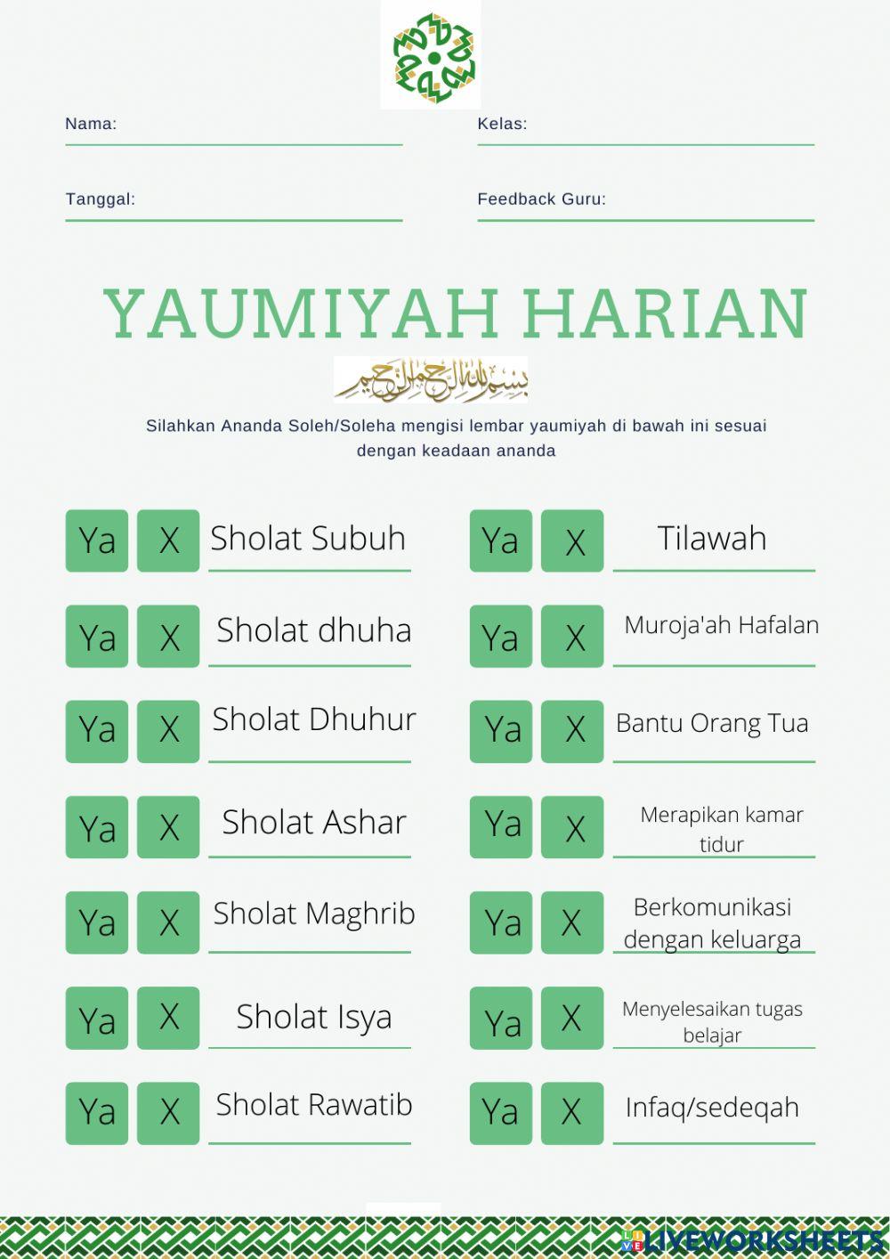 Mutaba'ah Yaumiyah worksheet | Live Worksheets