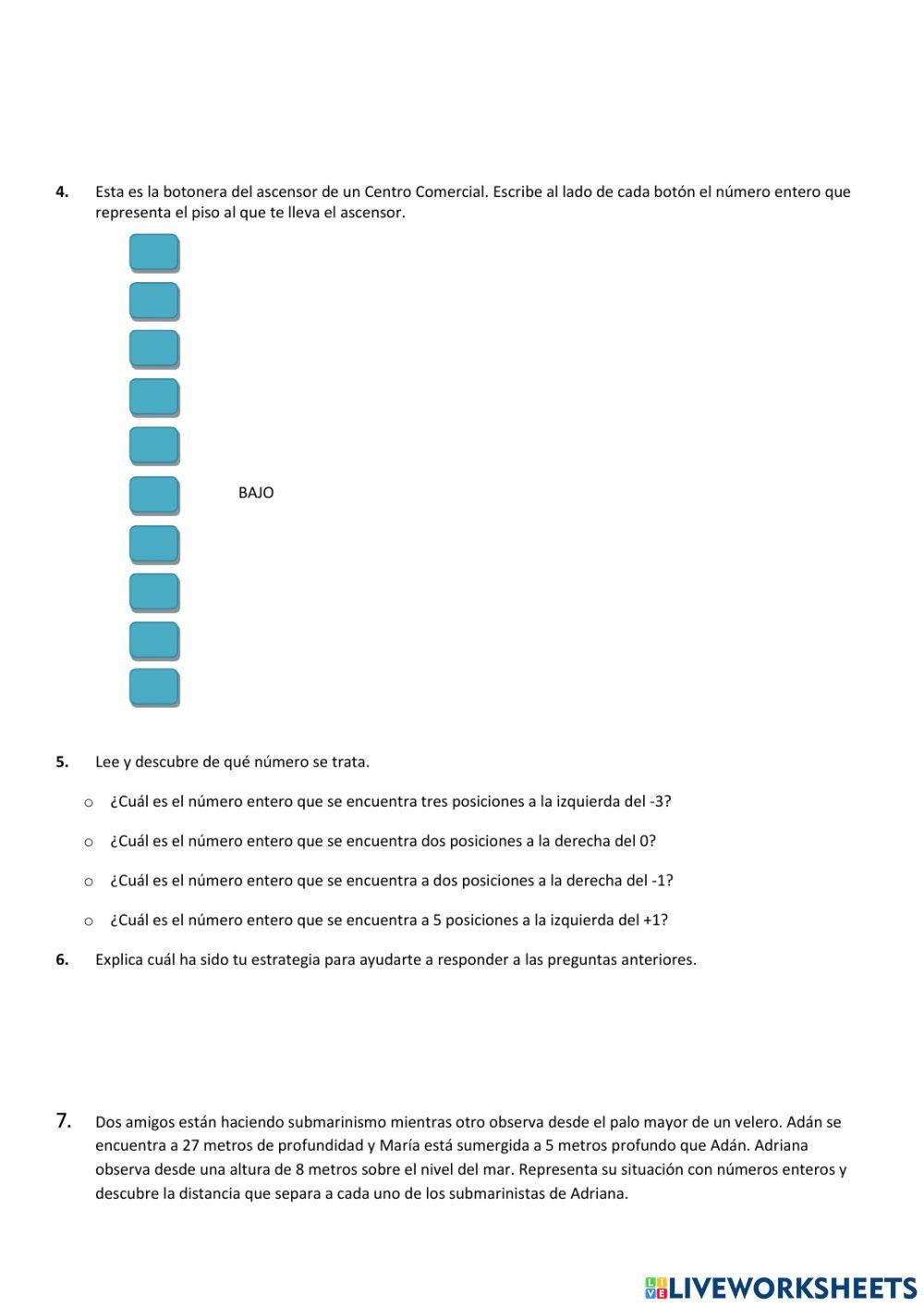 Matemáticas enteros worksheet | Live Worksheets