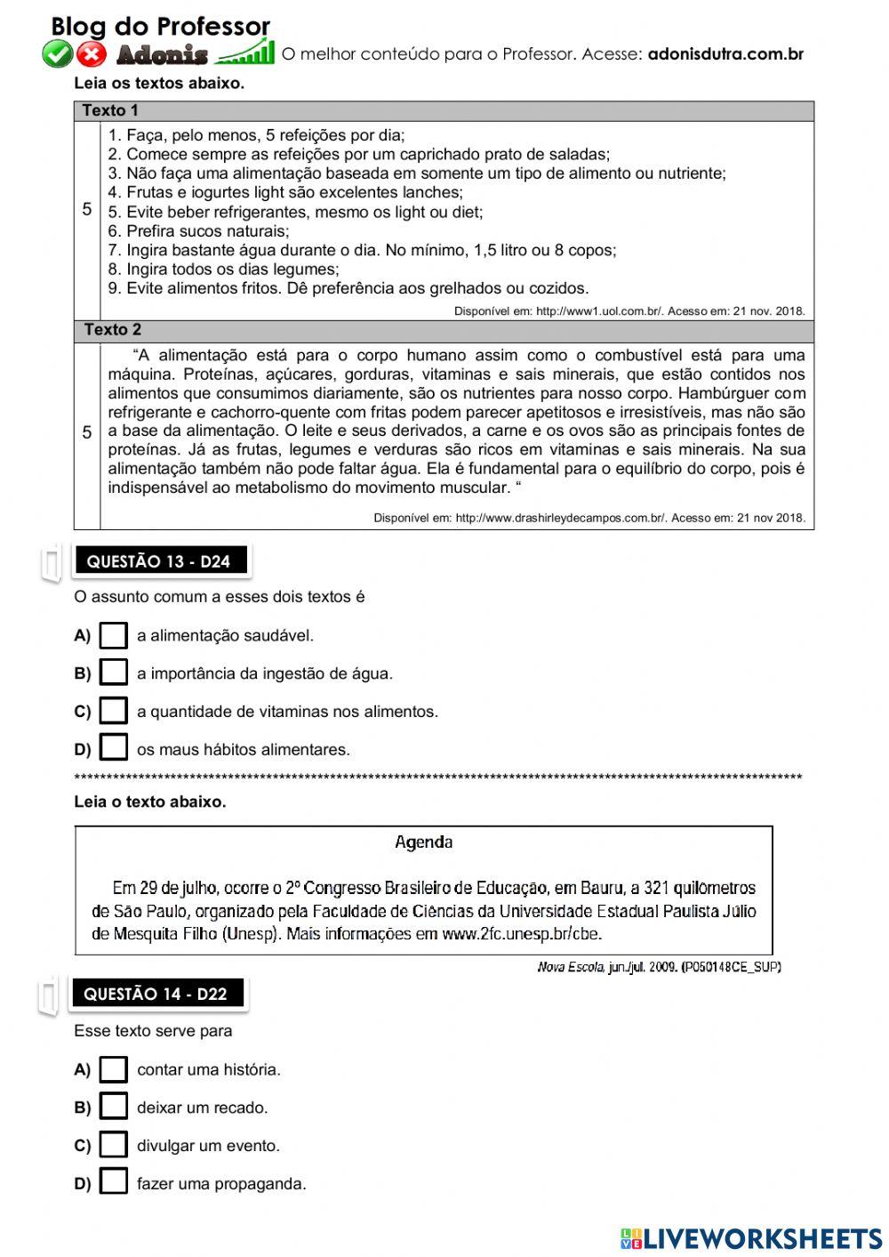 Simulado ADE 5 ano worksheet | Live Worksheets