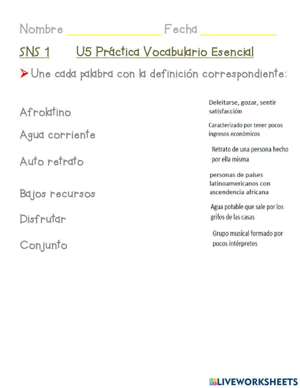 SNS1: U5: Práctica Vocabulario Esencial (03-23-2021) online exercise for | Live Worksheets
