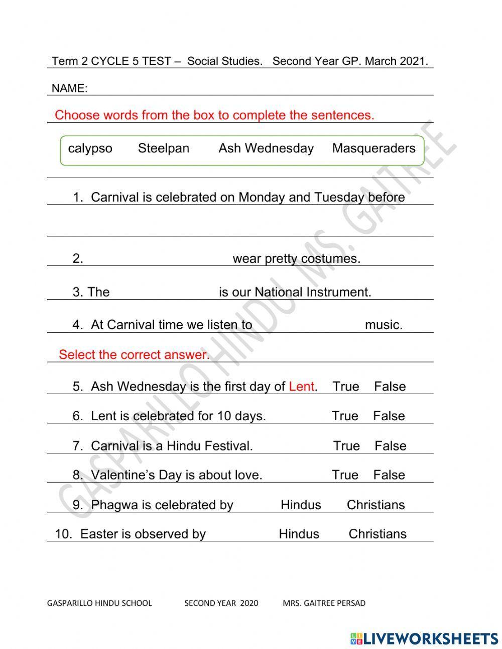 Celebrations activity for Second Year | Live Worksheets