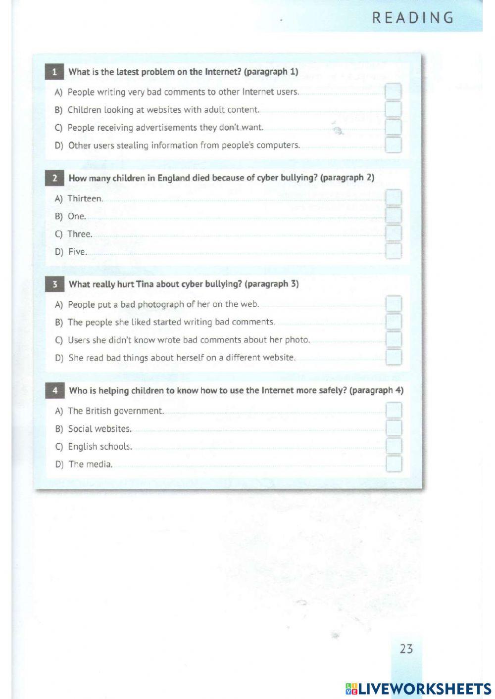 English Test Training A2 - Reading 10-14 worksheet | Live Worksheets