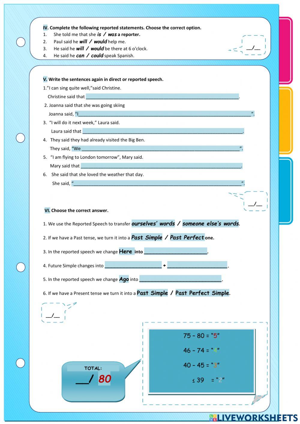 REPORTED SPEECH (Sp8) worksheet | Live Worksheets