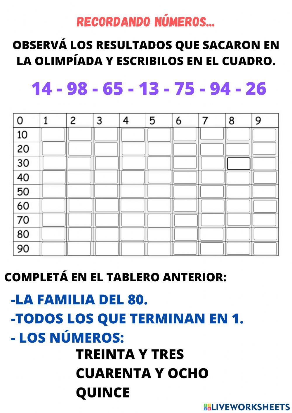 Cuadro de números hasta el 100 worksheet | Live Worksheets