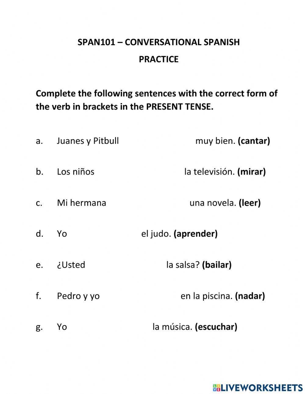SPANISH - PRACTICE WITH PRESENT TENSE OF VERBS online exercise for ...