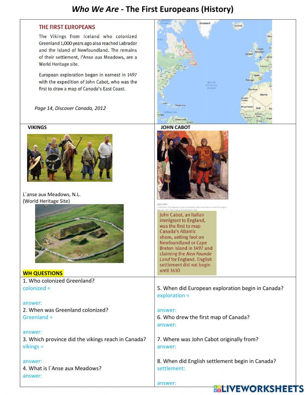 Canadian Citienship - Who We Are - First Europeans worksheet | Live ...