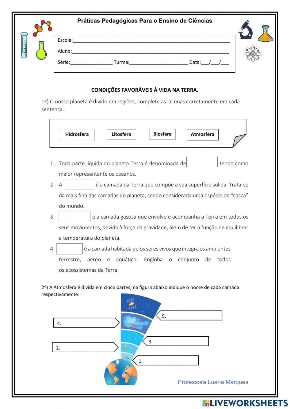 Condições favoráveis à vida na Terra worksheet | Live Worksheets