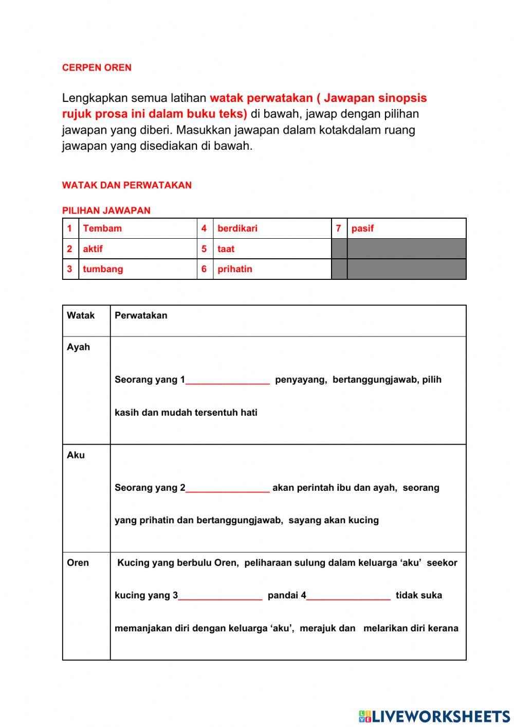 Latihan Watak Perwatakan Oren worksheet | Live Worksheets