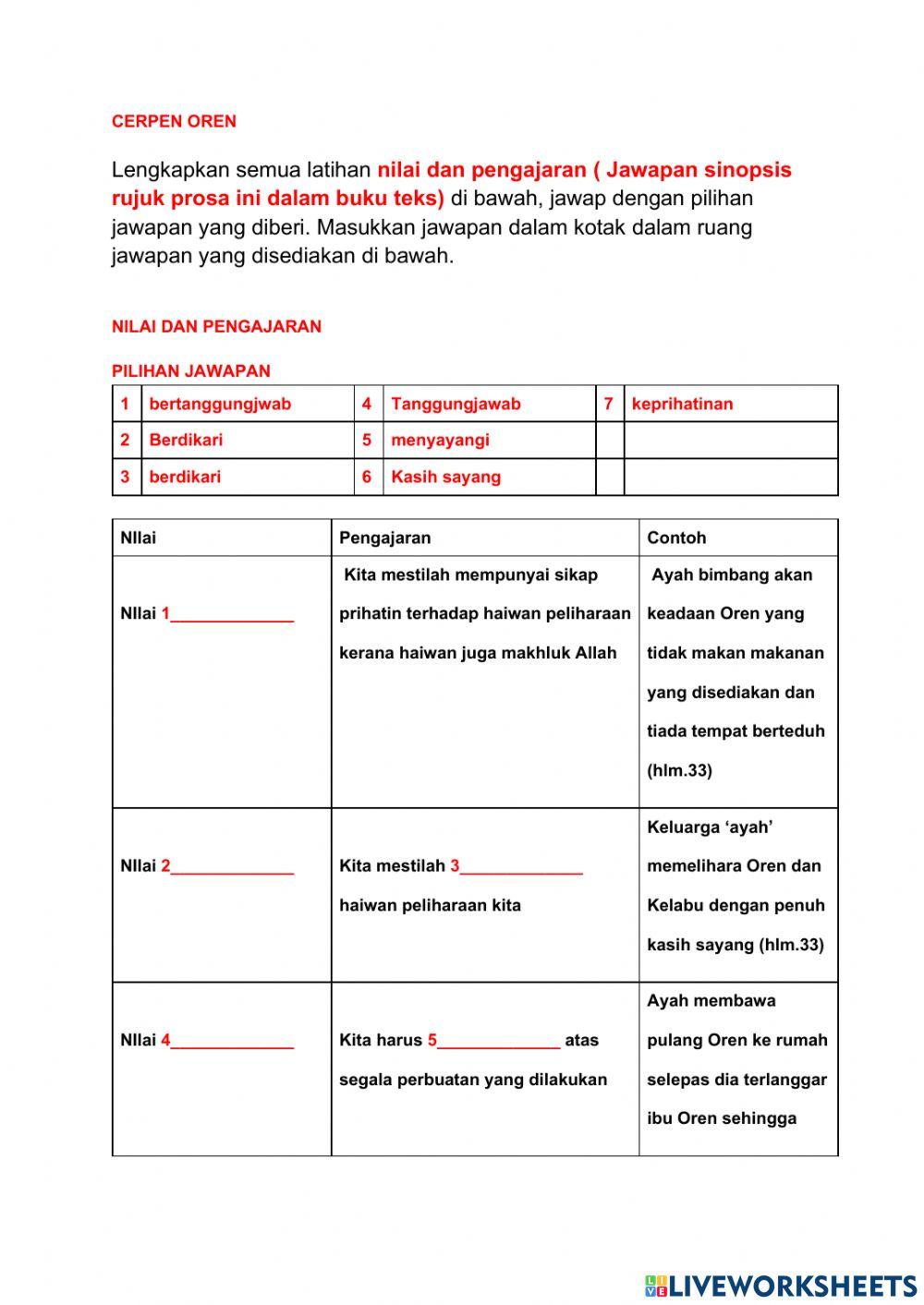 Latihan Nilai dan Pengajaran Oren worksheet | Live Worksheets