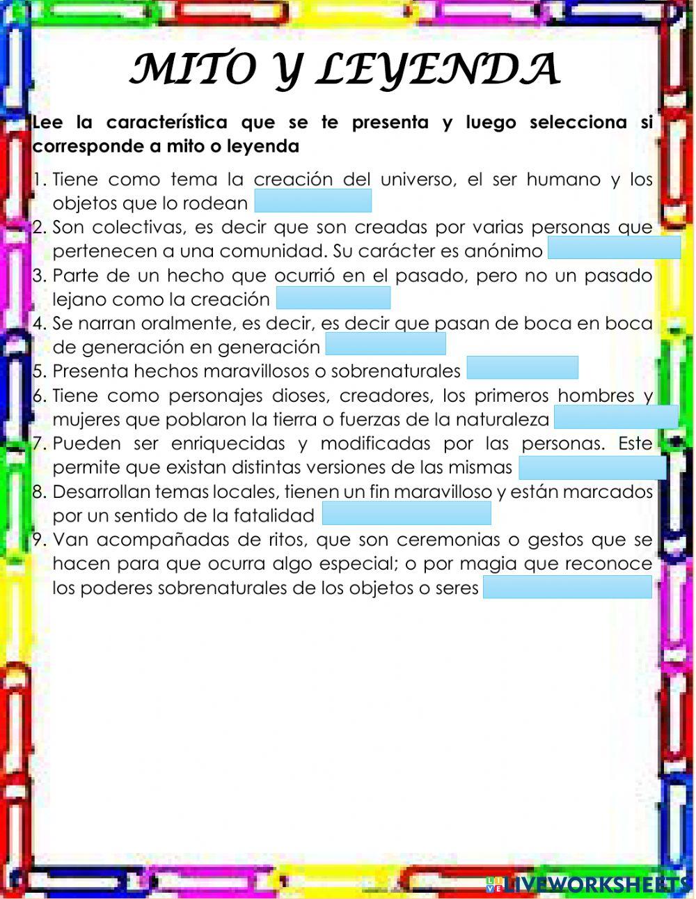 Mito y leyenda | Free Interactive Worksheets | 822904