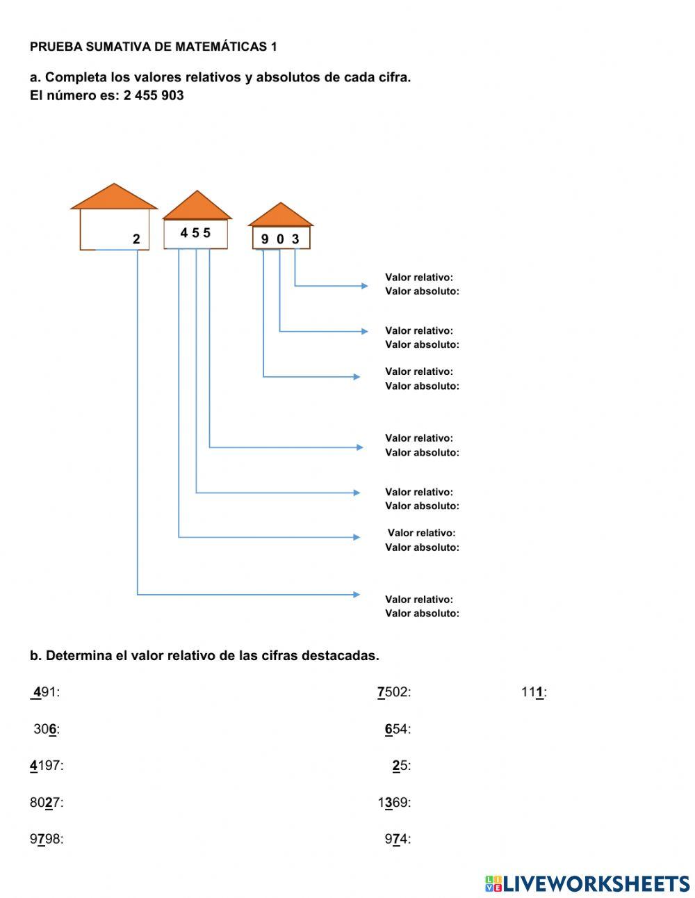Valor relativo y valor absoluto worksheet | Live Worksheets