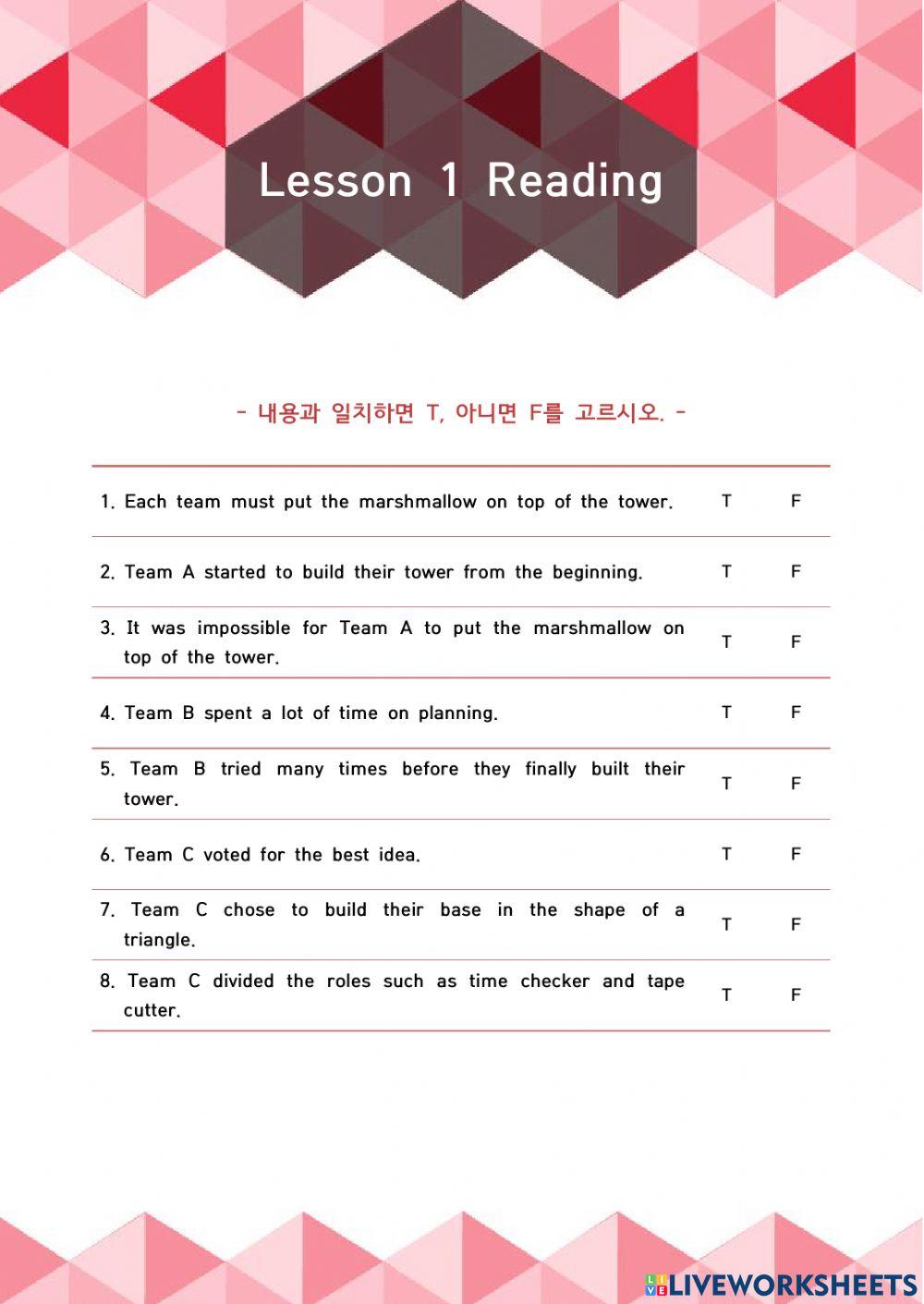 3-1 Reading TF worksheet | Live Worksheets