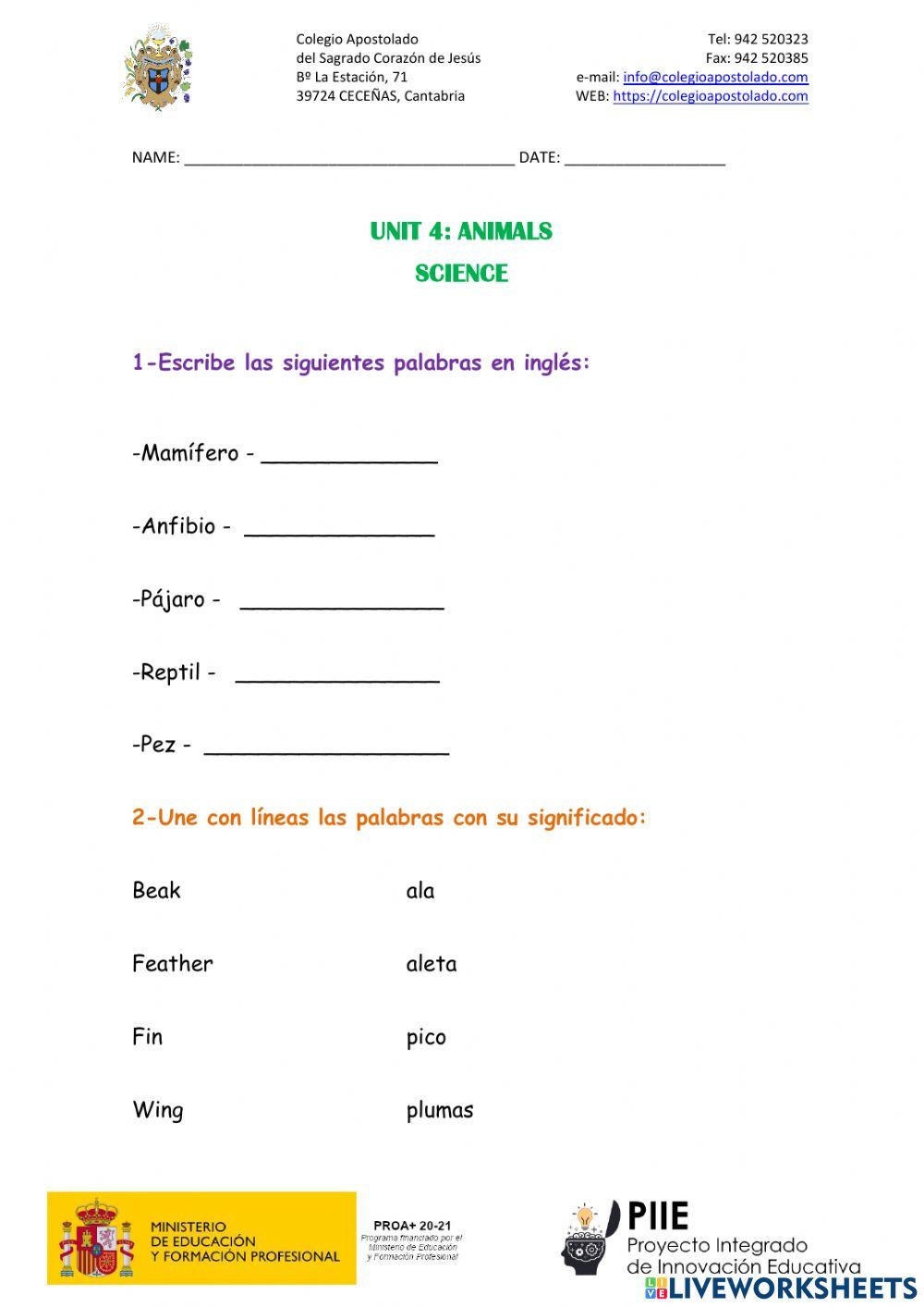 Unit4-animals-science worksheet | Live Worksheets