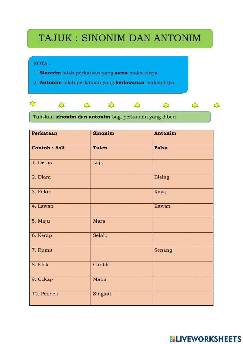 Sinonim dan antonim activity | Live Worksheets
