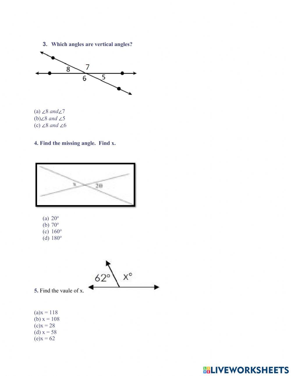Angles test worksheet | Live Worksheets