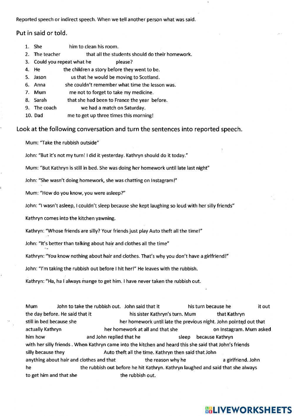 Indirect speech | Free Interactive Worksheets | 824673