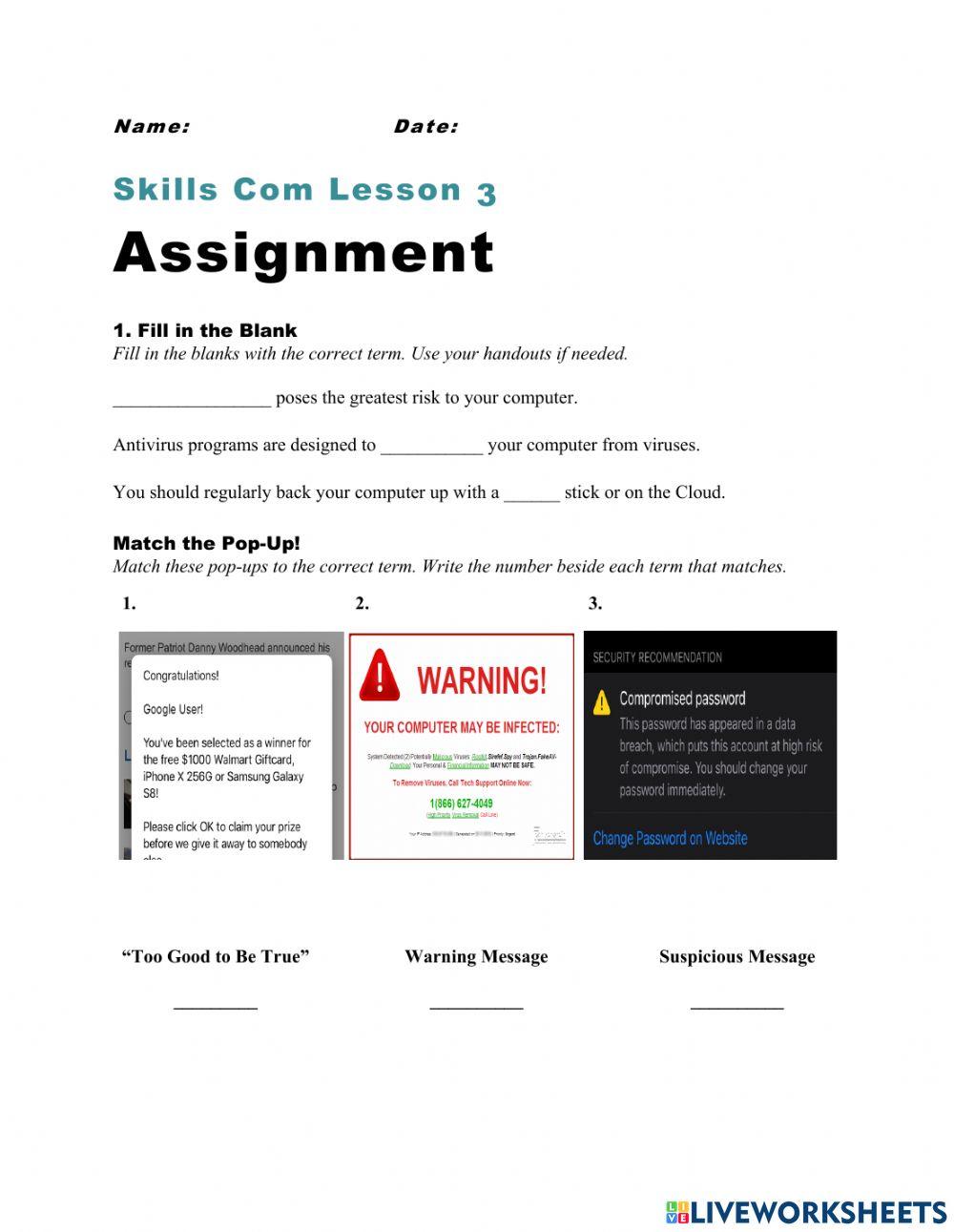 Skills Com Assignment 3 worksheet | Live Worksheets