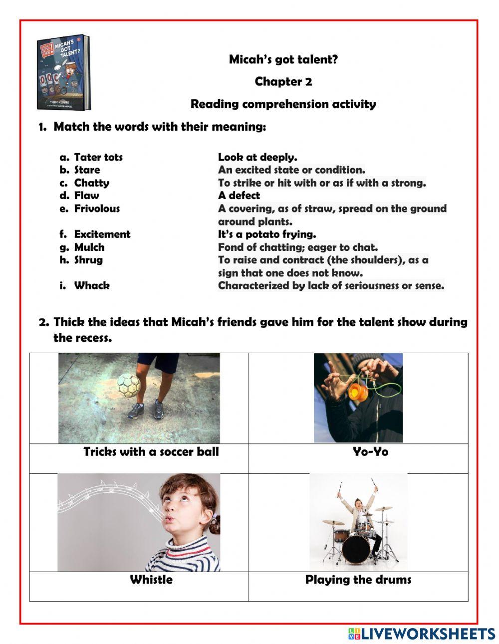 Micah's got talent?- Chapter 2 worksheet | Live Worksheets