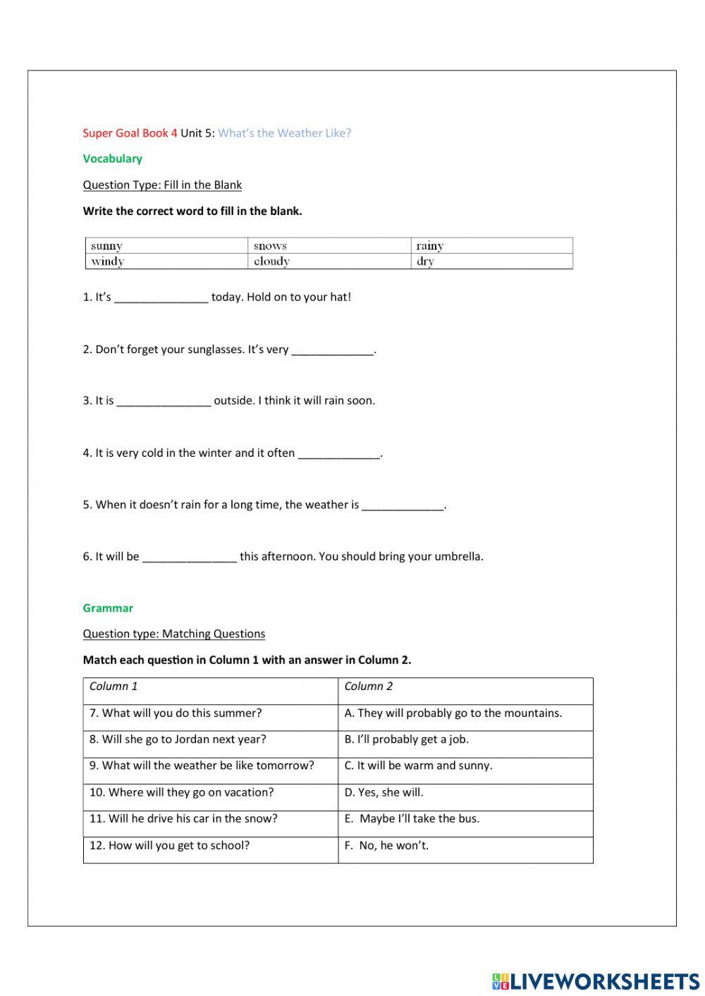 Super goal 4 unit5 worksheet | Live Worksheets