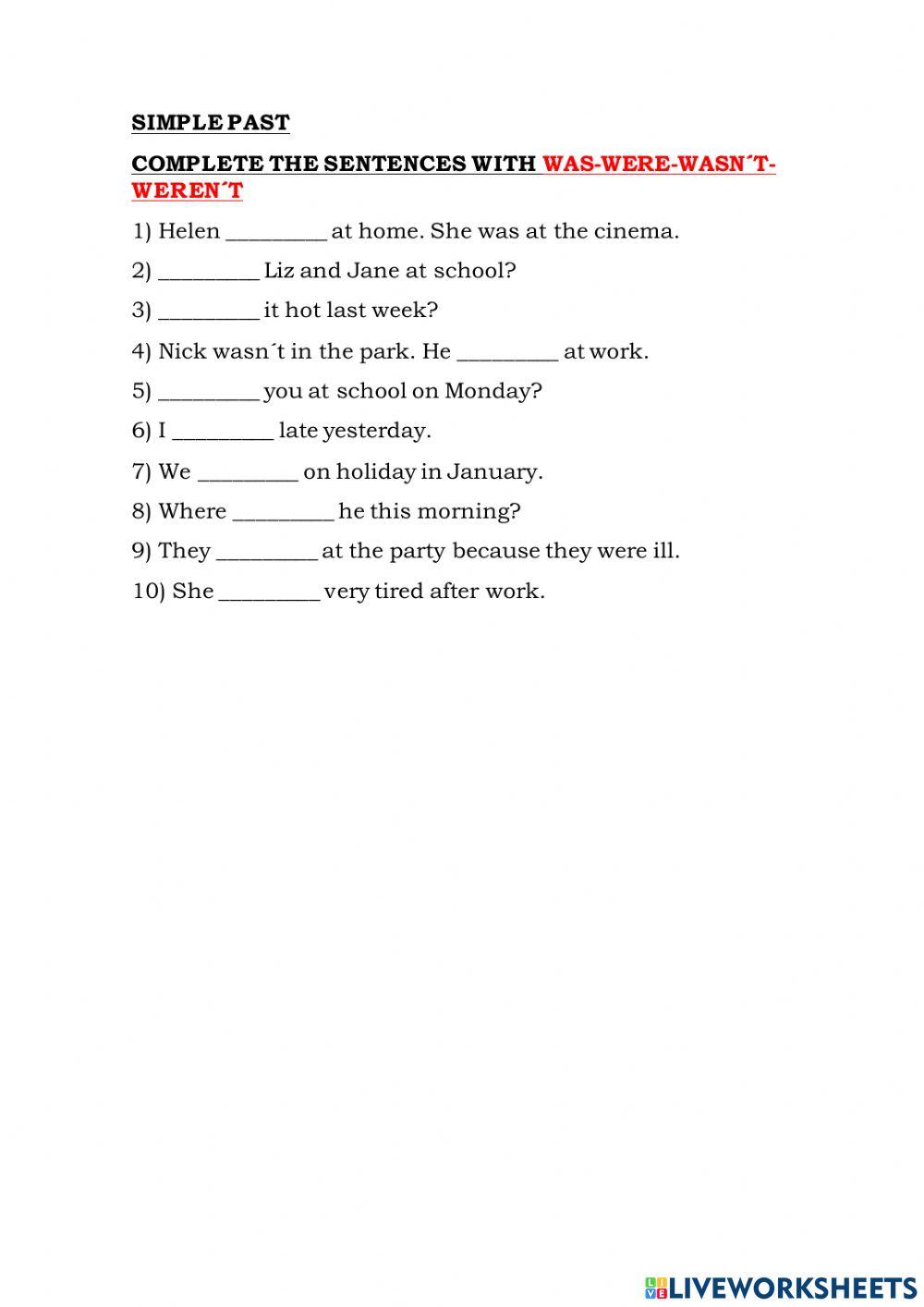 Past tense of be worksheet | Live Worksheets