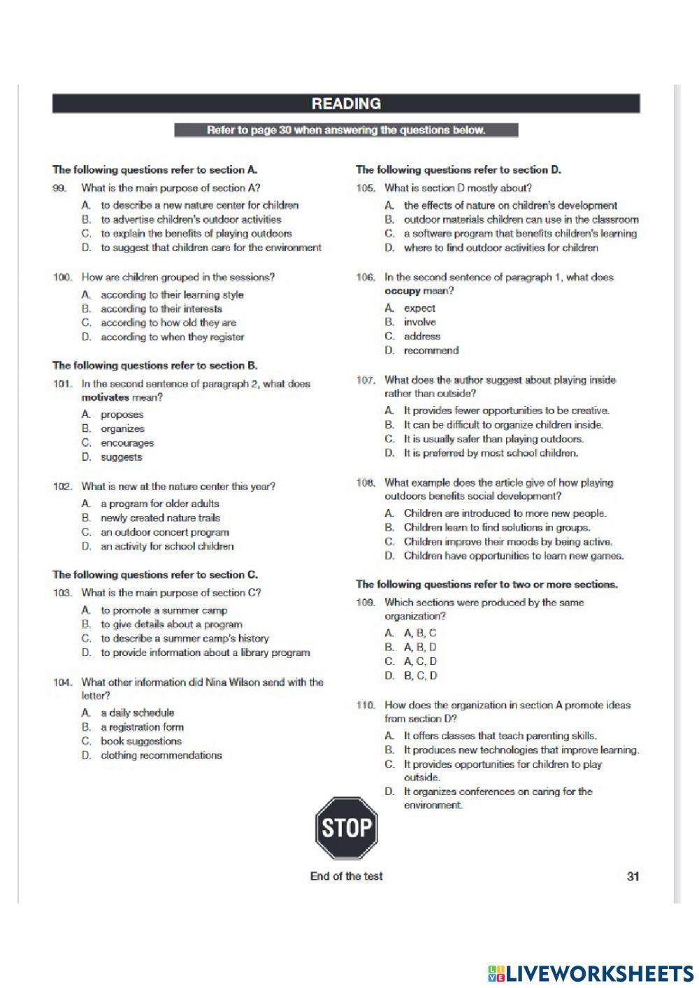 Ecce sample 2021 reading worksheet | Live Worksheets