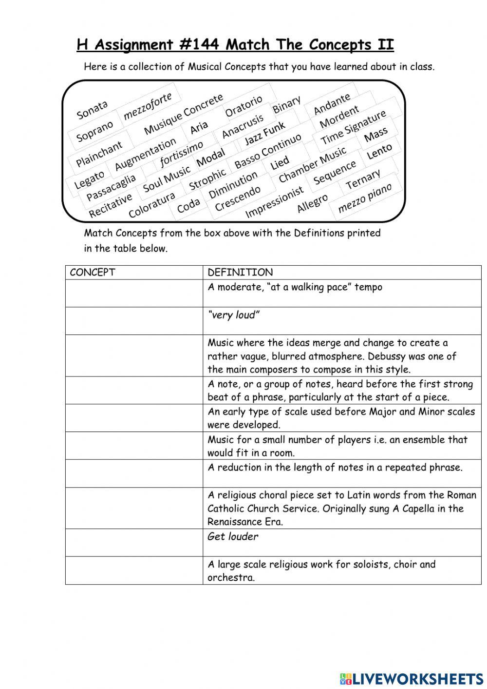 H Match the concepts II worksheet | Live Worksheets
