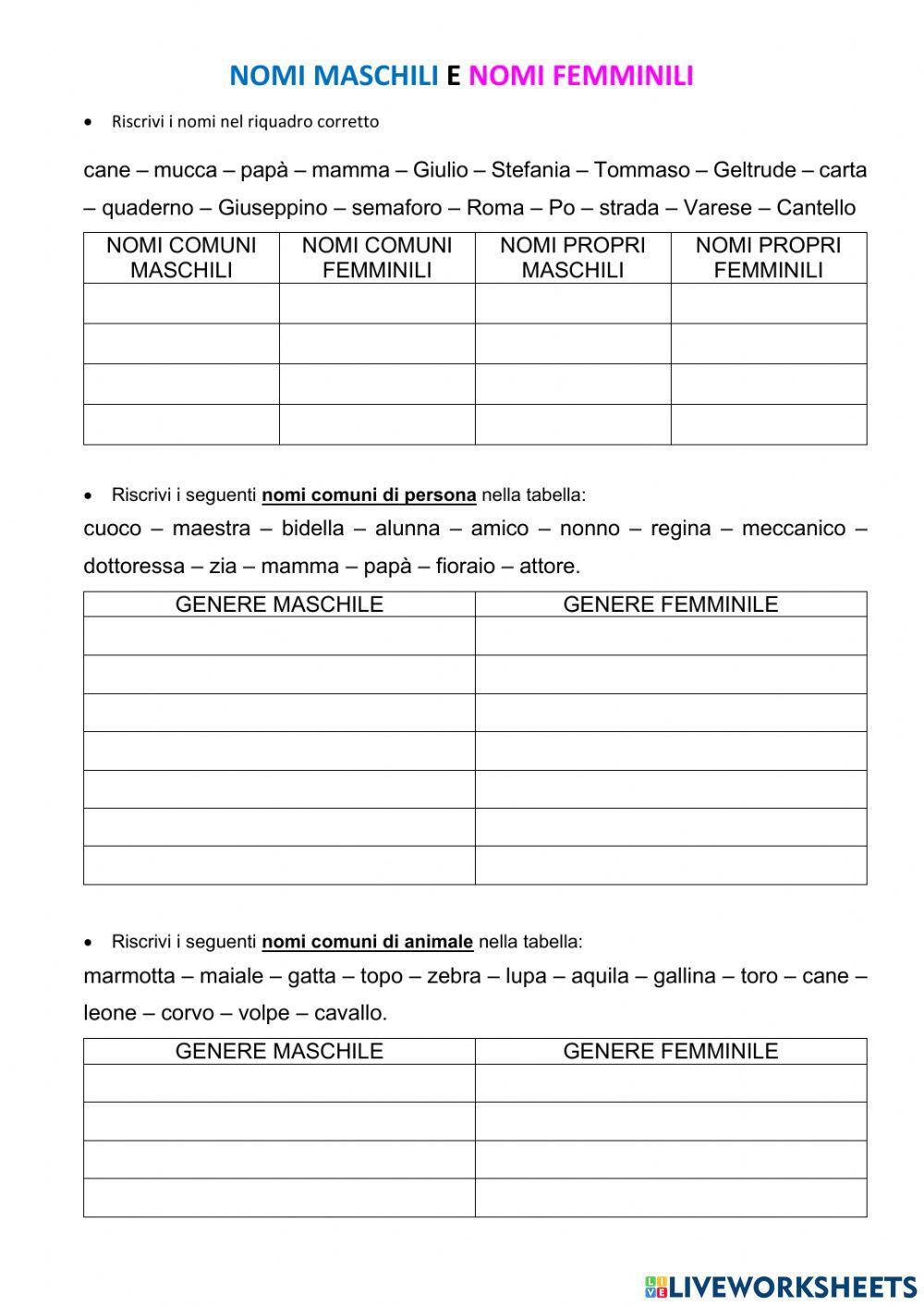 Nomi maschili e femminili interactive worksheet | Live Worksheets