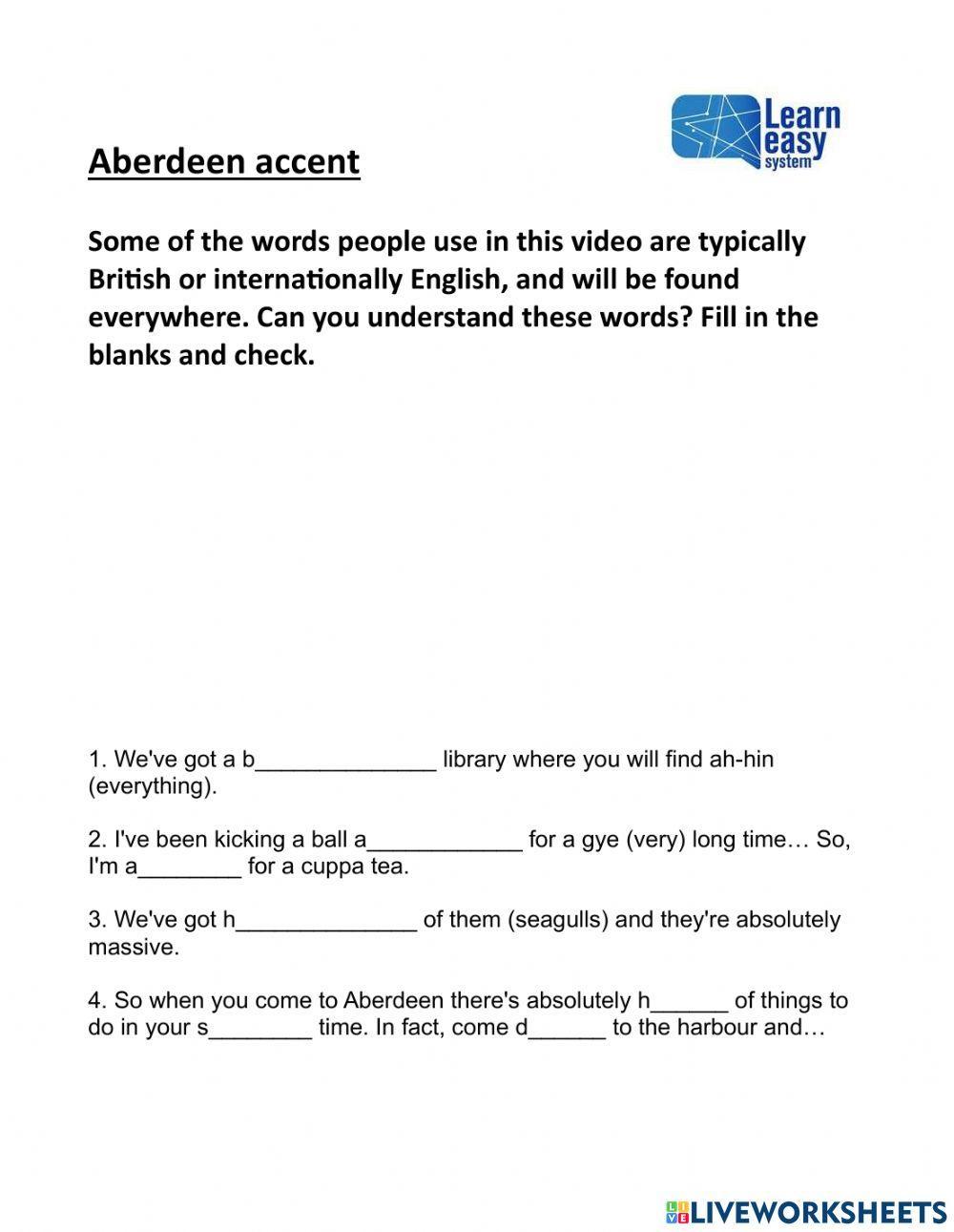 Aberdeen accent worksheet | Live Worksheets