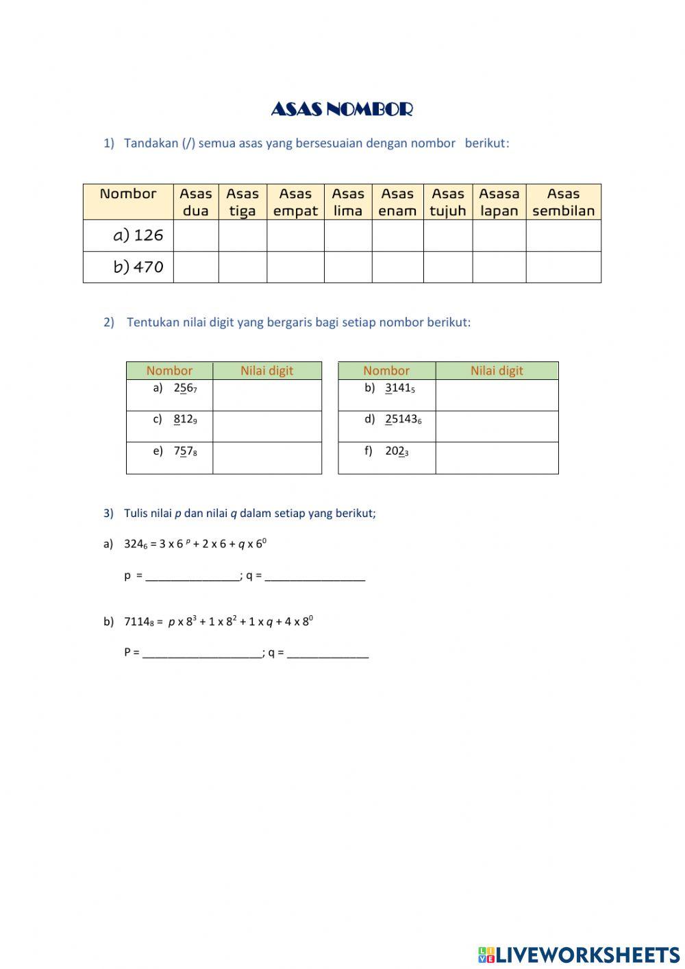 Asas nombor menyatakan nilai digit worksheet | Live Worksheets