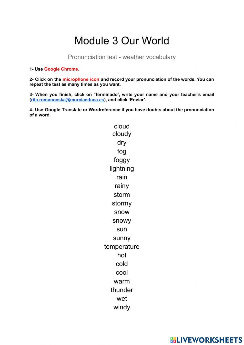 Weather words - pronunciation worksheet | Live Worksheets
