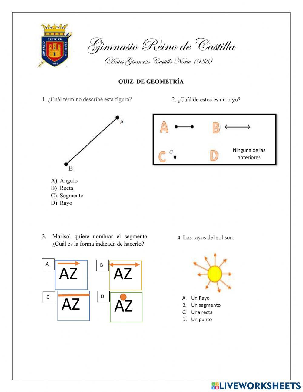 Hojas De Trabajo De Puntos, Segmentos De Línea, Líneas Y Rayos