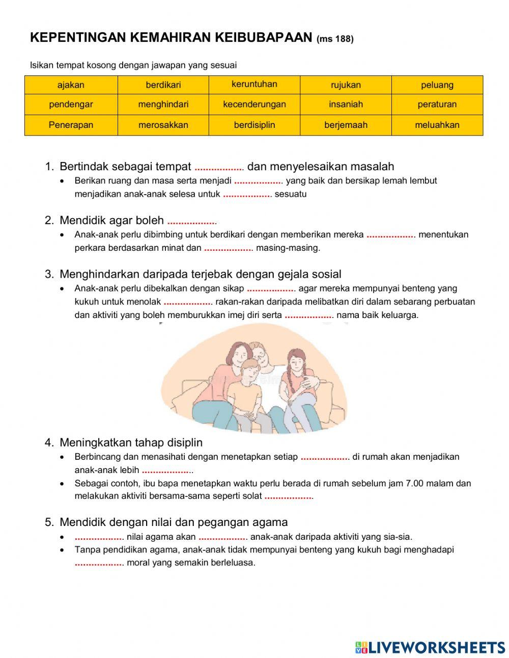 Kepentingan kemahiran keibubapaan worksheet | Live Worksheets