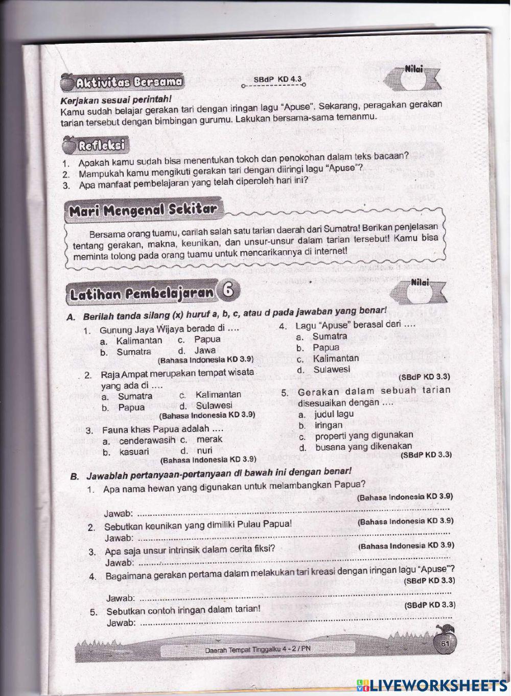 Kelas 4 Tema 8 Sub Tema 2 PB 5 dan 6 worksheet | Live Worksheets